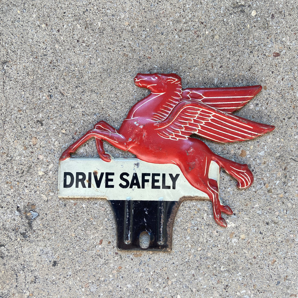 1950s Mobil Pegasus License Plate Topper Drive Safely – Eagle's Eye Finds